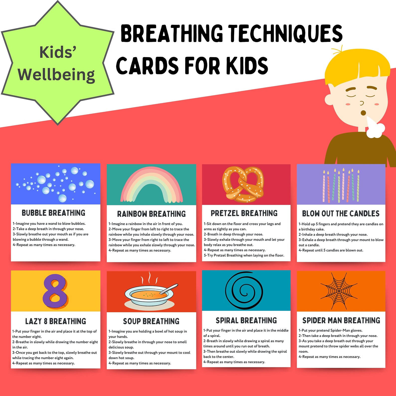 Mindful Breathing Cards for Kids, Techniques for Breathing, Calming ...