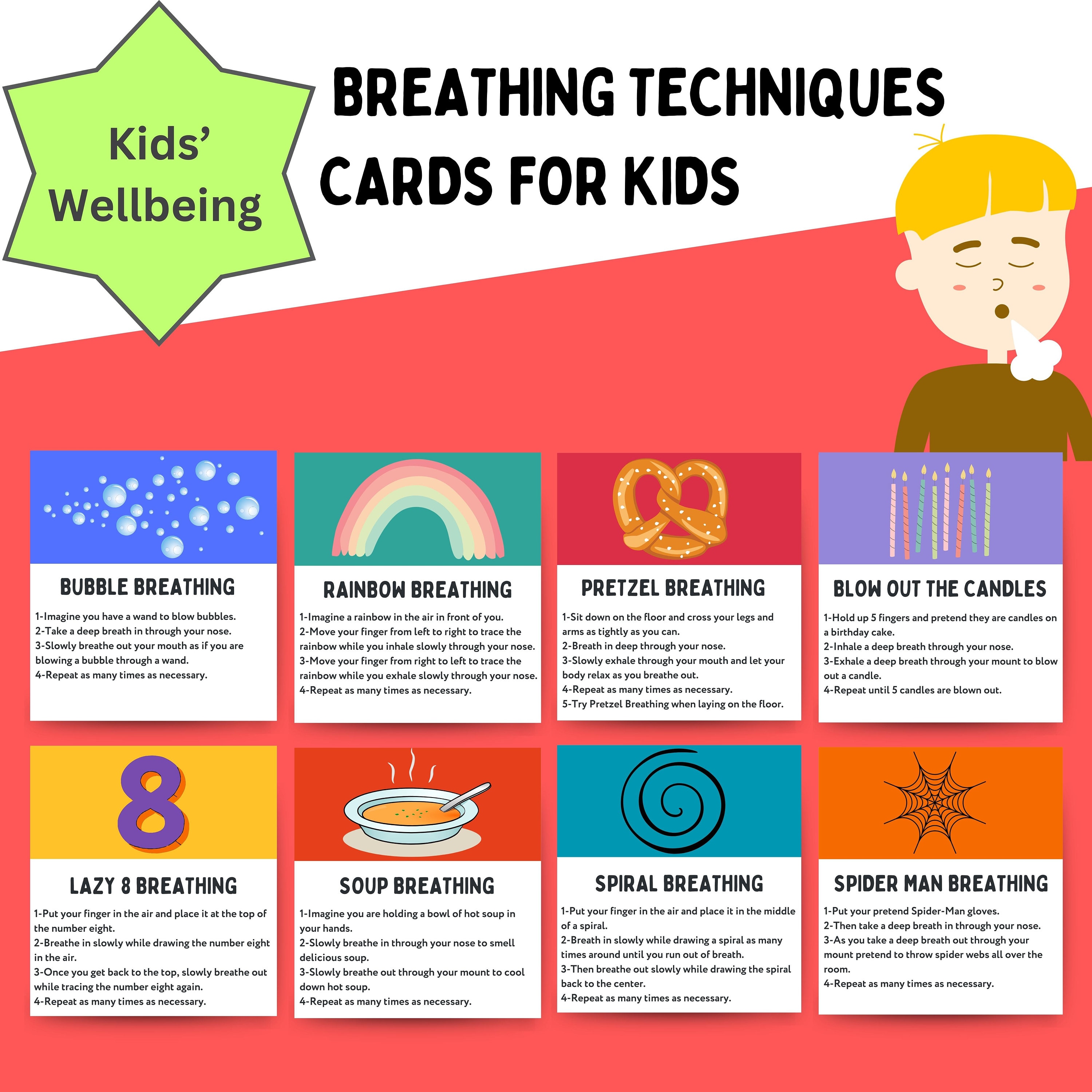Mindful Breathing Cards for Kids, Techniques for Breathing, Calming ...