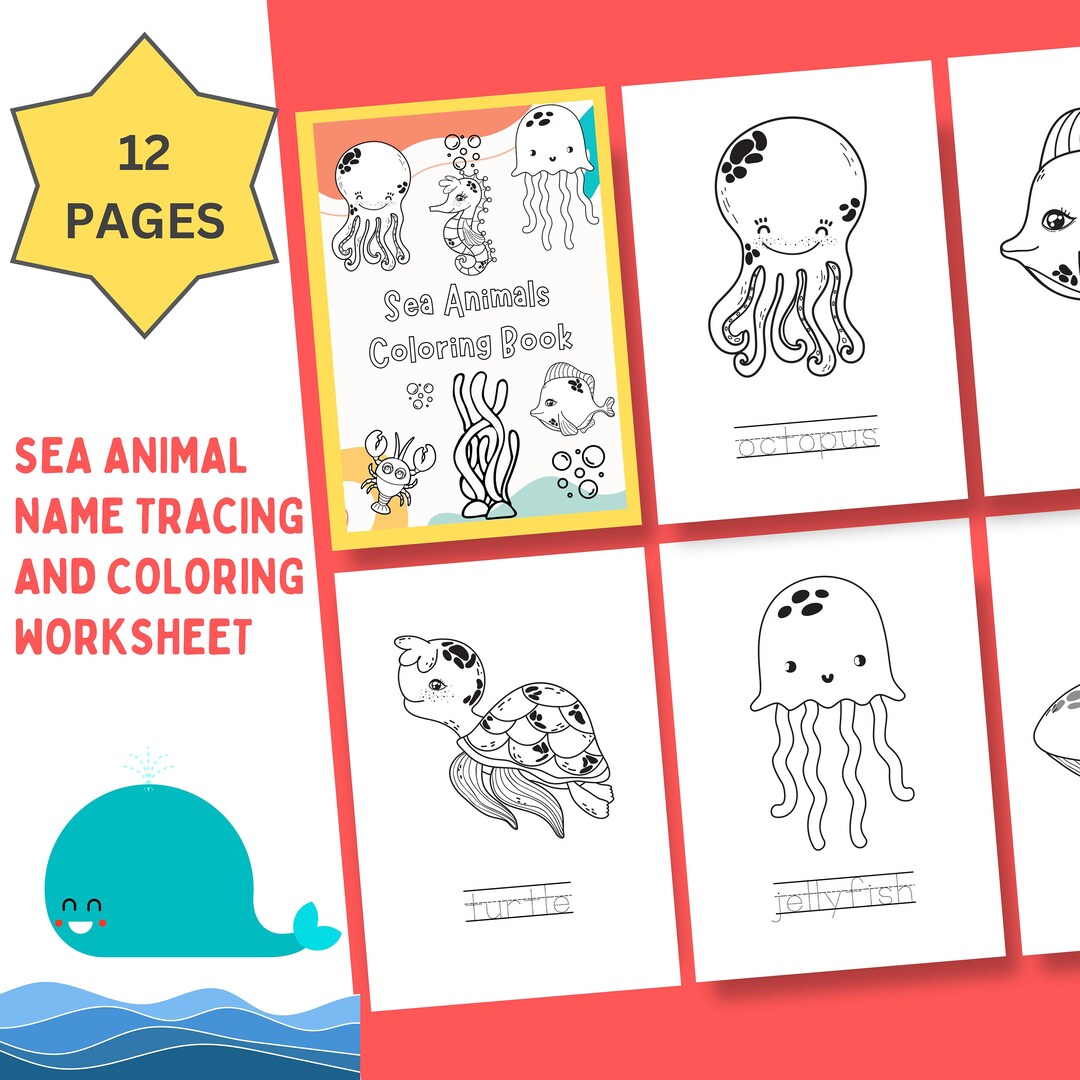 Sea Animal Coloring and Learning Template, Name Tracing, Educational ...