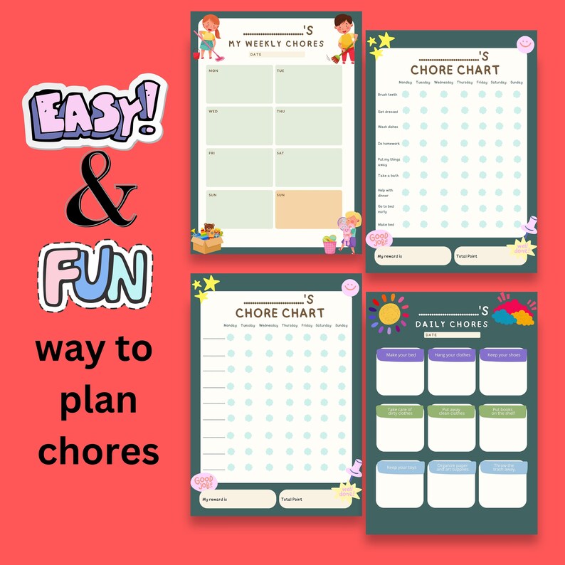 Printable Kids Chore Planning Sheets, Chore Chart Template, Chore ...