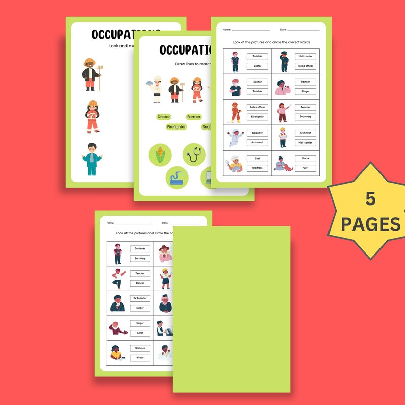 Printable Kids Occupations Activity, Children's Job Vocabulary Learning ...