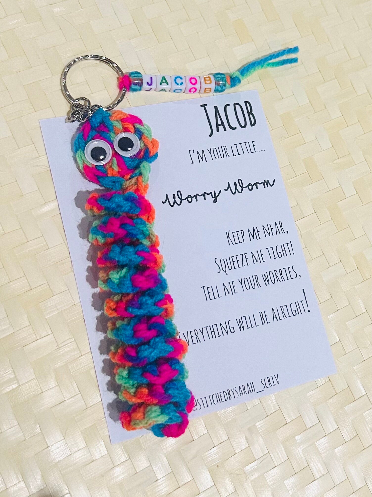 Worry Worm Personalised Crochet Keyring Starting School Letter Box Gift ...