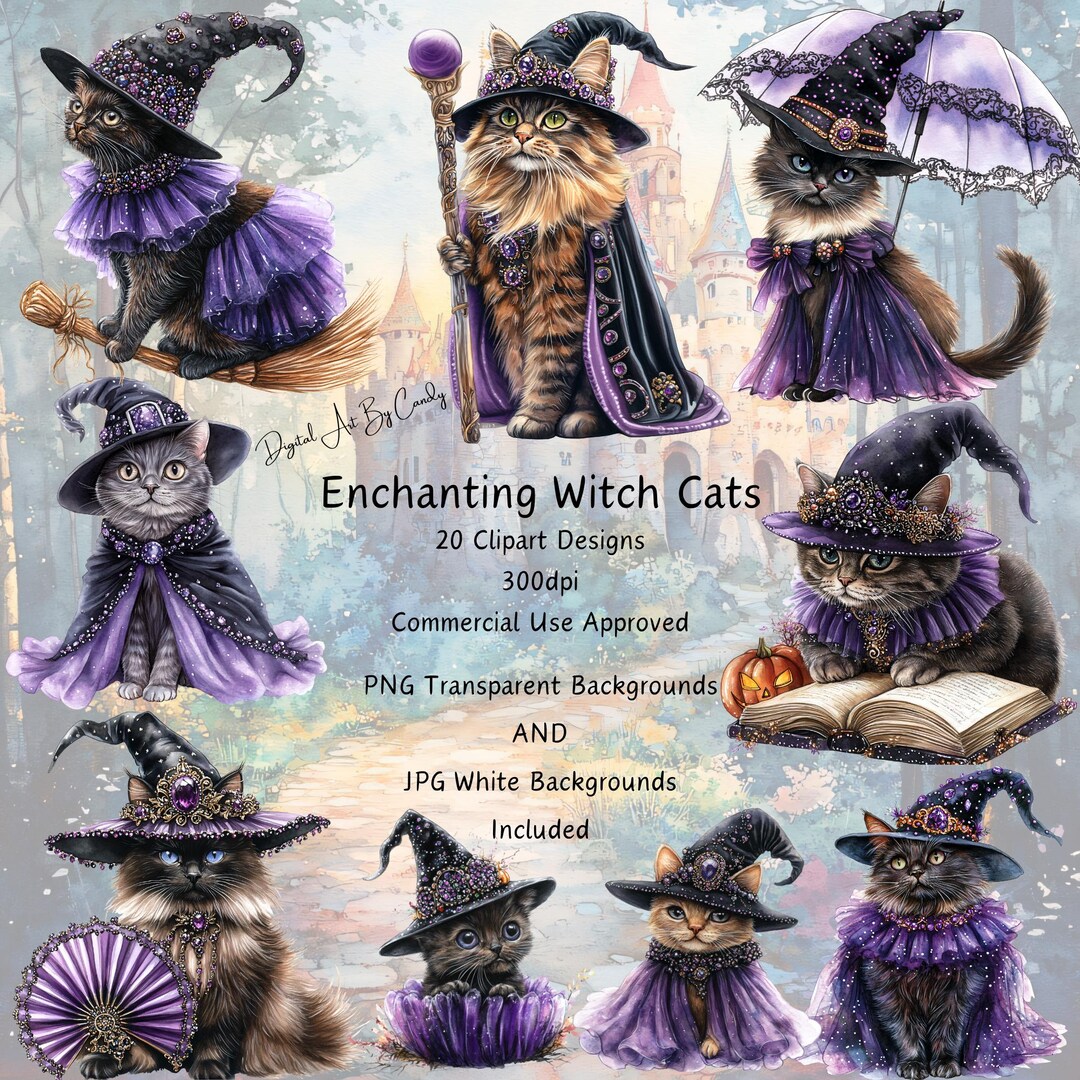 Enchanting Witch Cats Clipart Halloween PNG Digital Download Printable ...