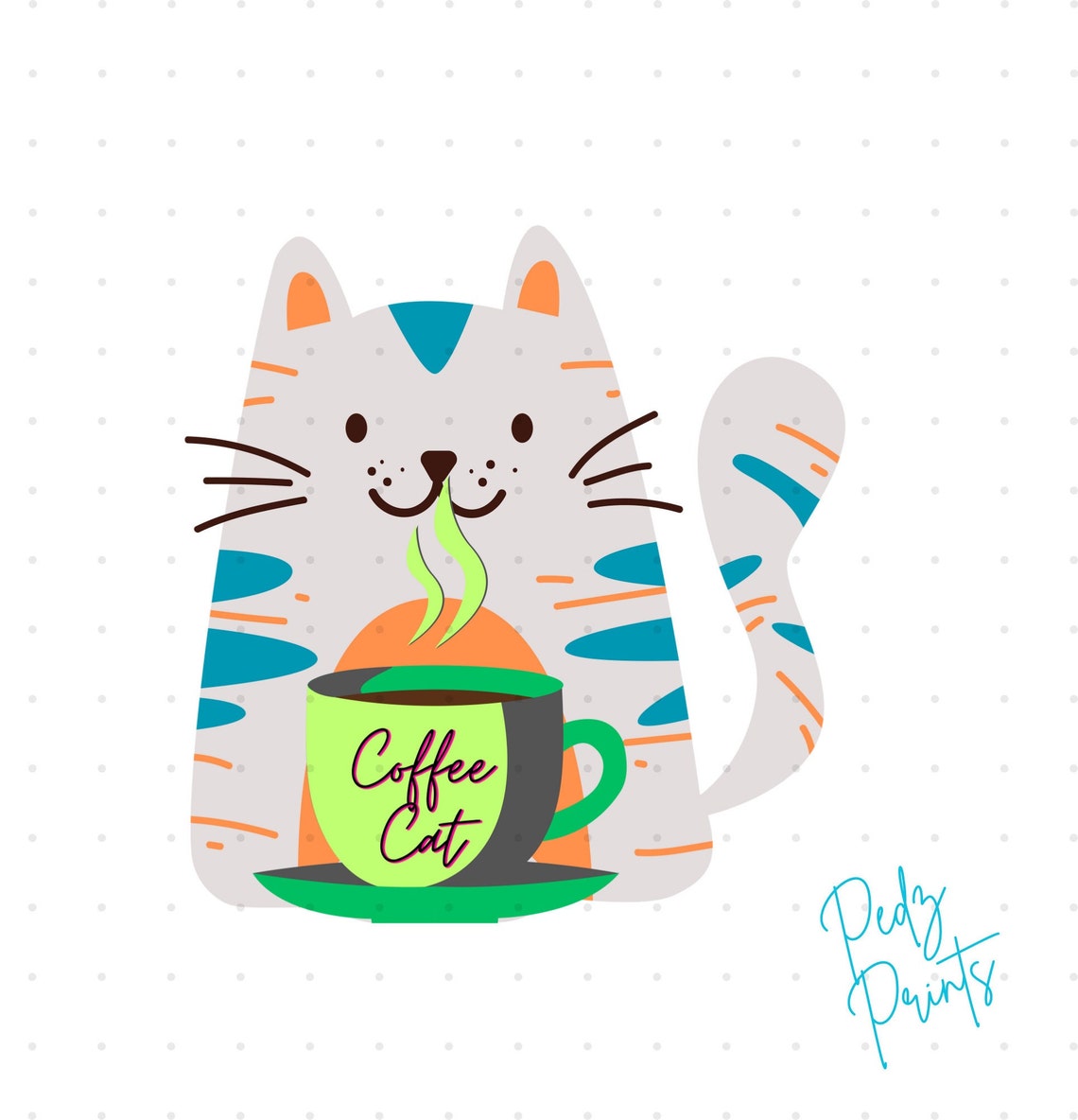 Whimsical Cat Sipping Coffee Digital Clip Art Design; Fun Design for ...
