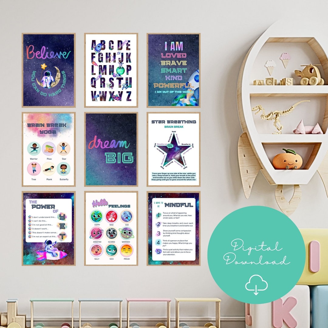 Rainbow Space Calm Corner Posters, Classroom Space Theme Art ...
