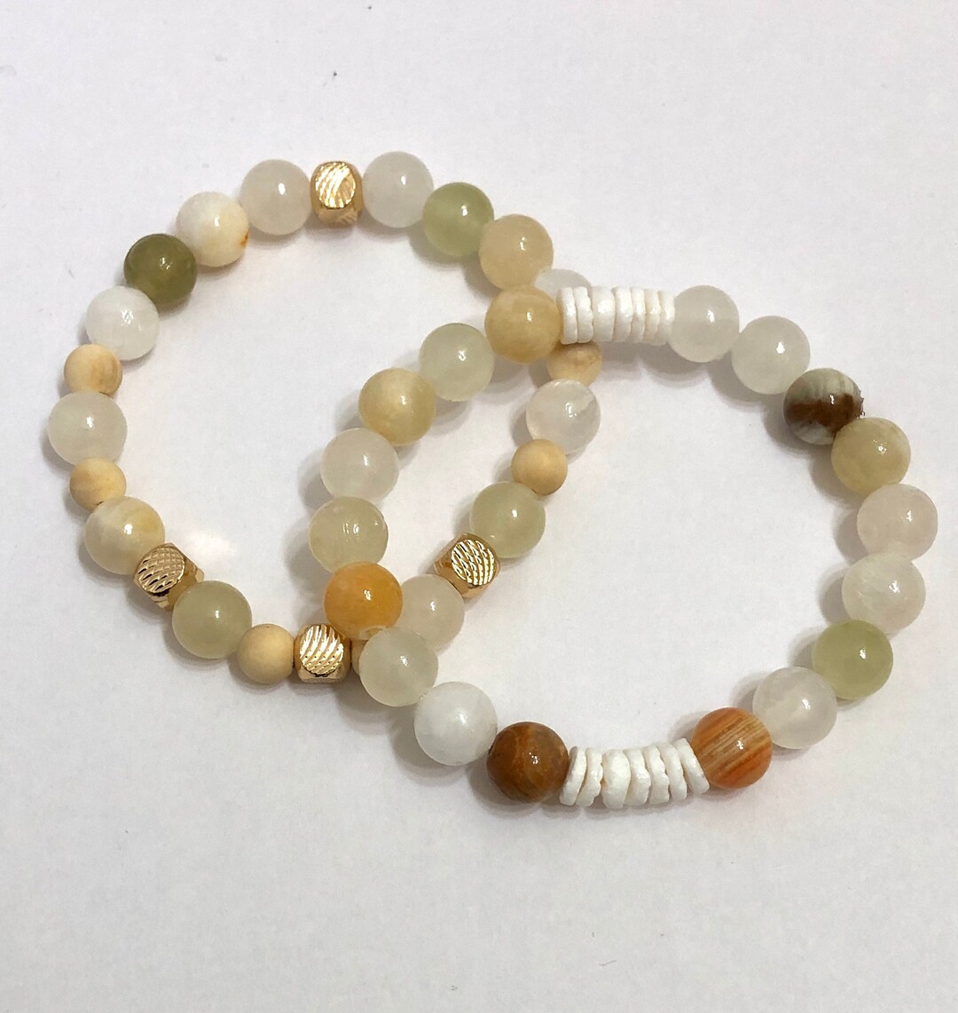 Bracelet Set, White and Gold, Shell Bracelets, Jade, Wood and Shell ...