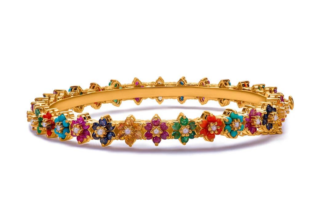 Sterling Silver Rainbow Nauratan Bangle 22k Gold Plated 7-stone 1-1-1 ...