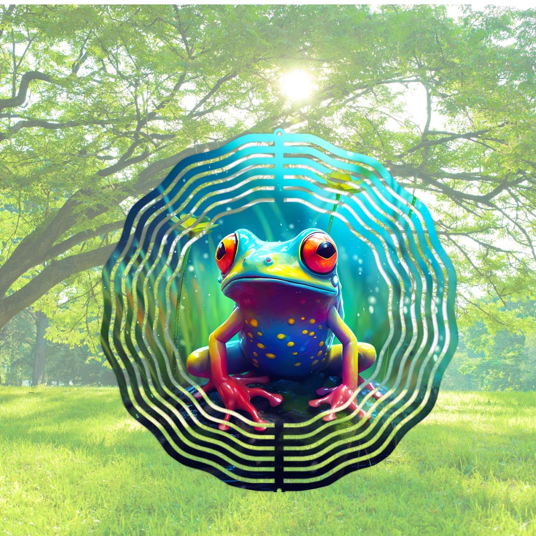 Tree Frog Wind Spinner, Vibrant, Hanging Metal, Porch, Garden or Yard ...