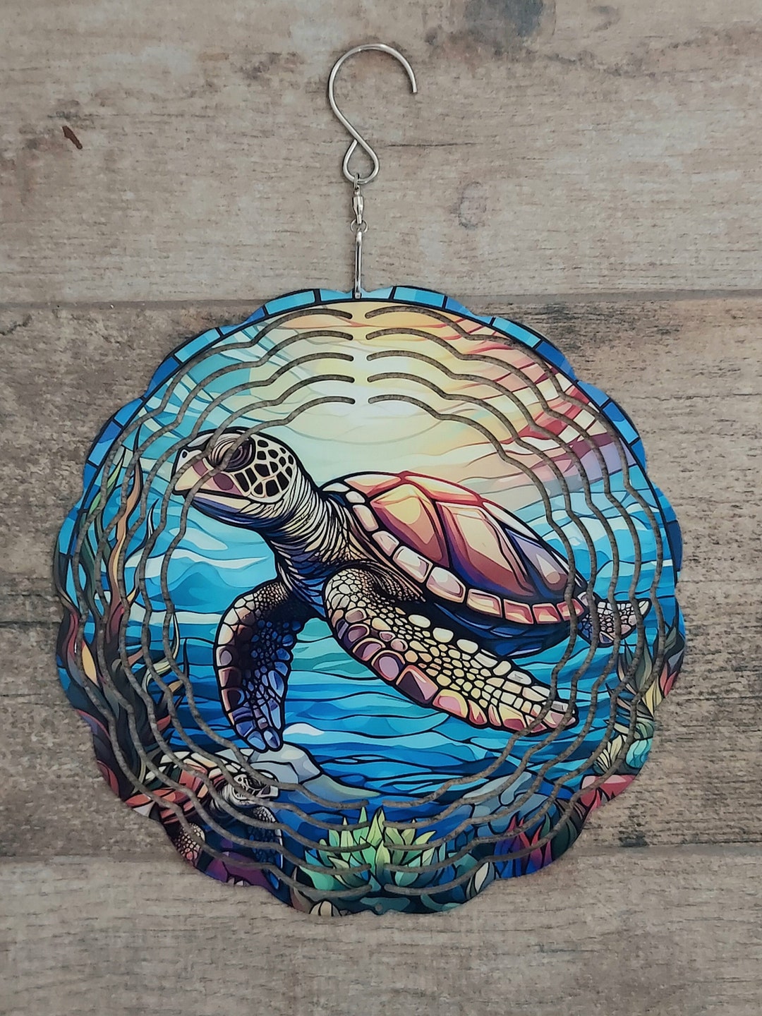 Sea Turtle Wind Spinner, Vibrant, Stained Glass, Metal, Porch, Garden ...