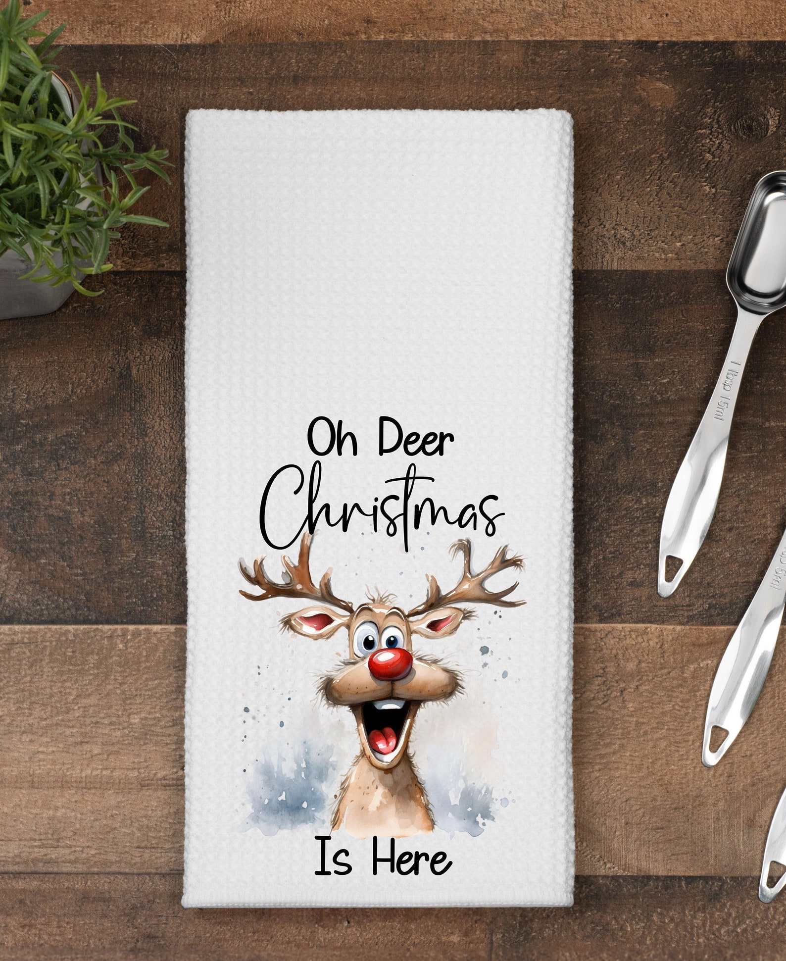 Funny Reindeer Kitchen Decor Dish Towel, Christmas, Microfiber Waffle ...
