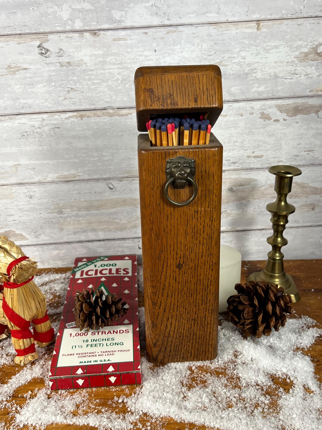 Vintage Wood Box Matchstick Holder W/brass Lion Head Accent / Tall ...