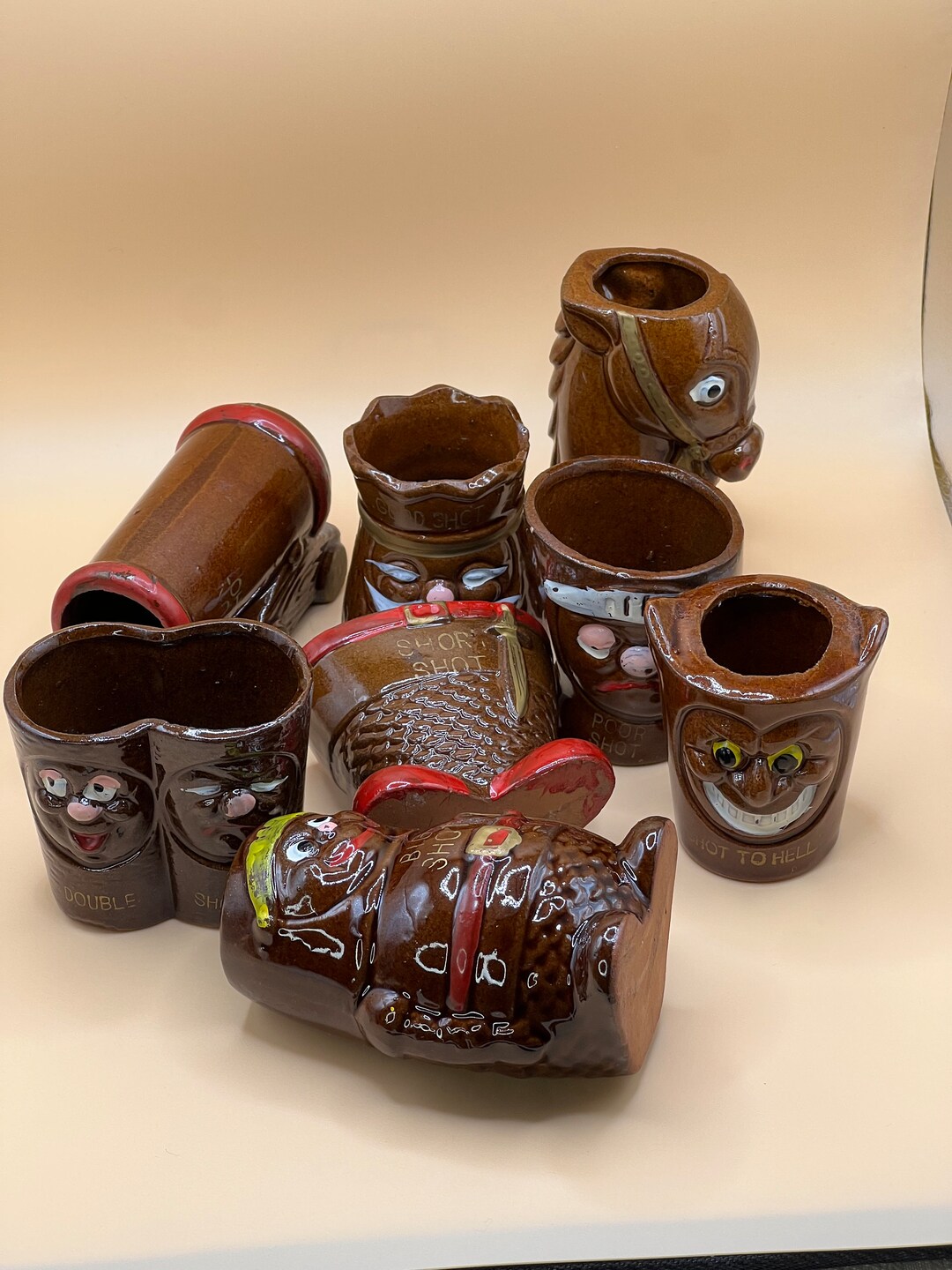 Vintage Funny Japanese Redware, Shot Glasses set of 8, Japanese Shot ...