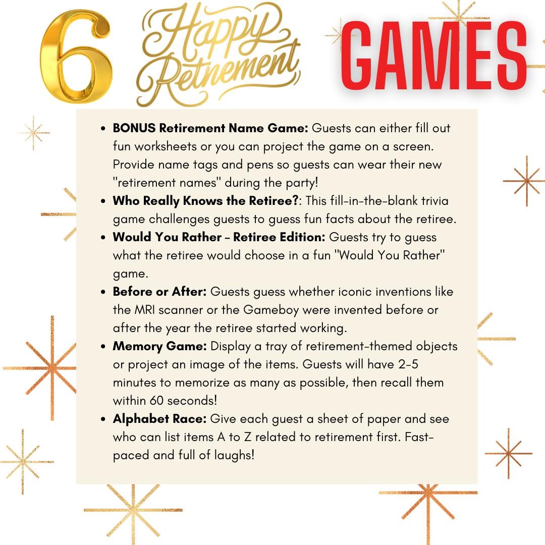 5 Games for Retirement Party Games + BONUS Retirement Name Game | Would ...