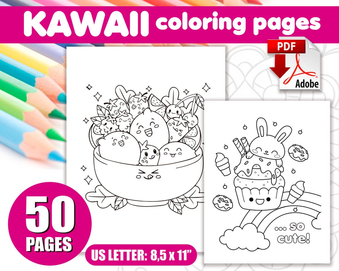 Kawaii Coloring Pages, 50 Pages, Cute Coloring Pages, for Kids and ...