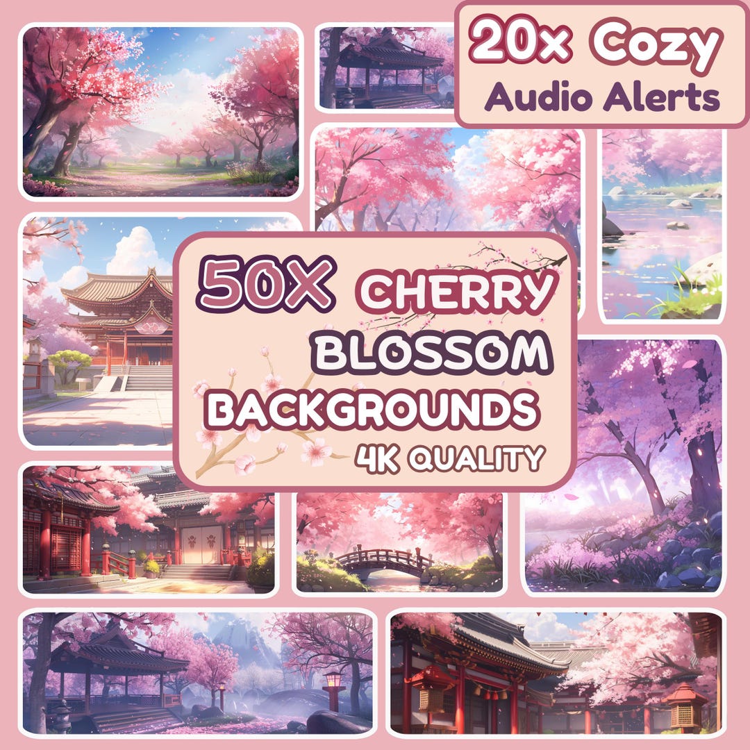Cherry Blossom Twitch Backgrounds: 50x Streaming Overlays (PNG Digital ...