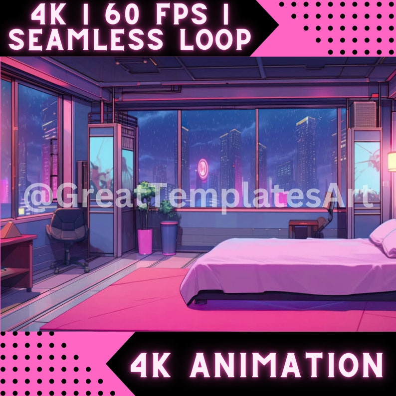 Neon Bedroom Twitch Animated Background Anime Lo-fi Animated Overlay ...