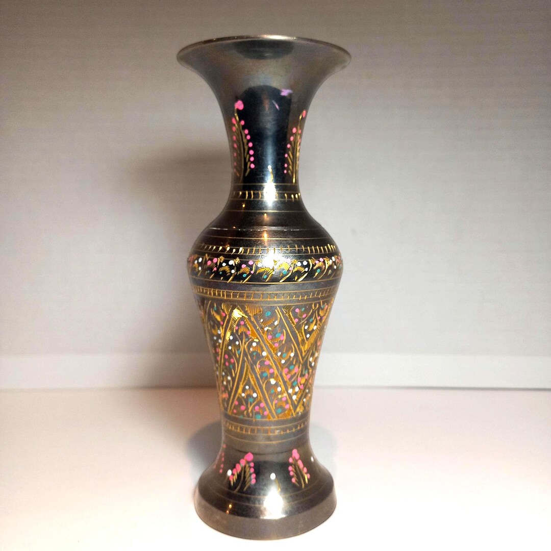 Brass Etched and Painted Vase Hand Made in Pakistan 7.3" Tall. Vintage ...