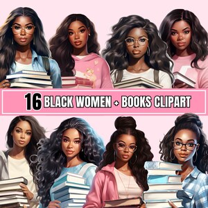 Black Women With Books Clipart Set Vol 1 16 Black Girl PNG Commercial ...