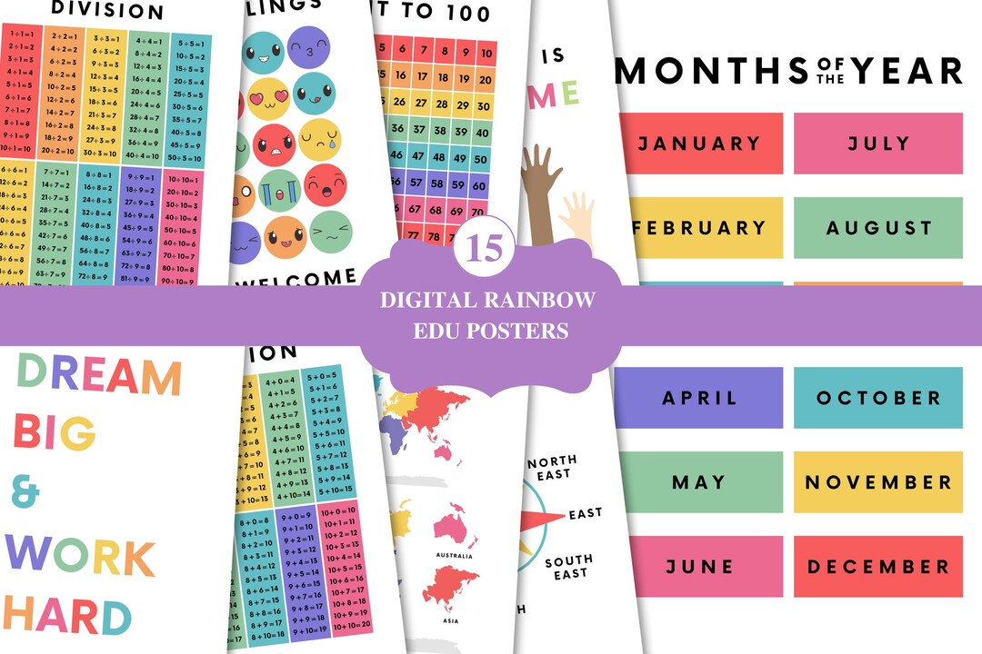 Rainbow Educational Posters, 15 Classroom Decor, Learning Charts for ...