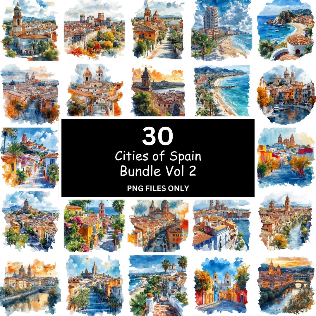 Spain Cityscape Digital Clipart Bundle Vol 2, 30 Digital Clipart Prints ...