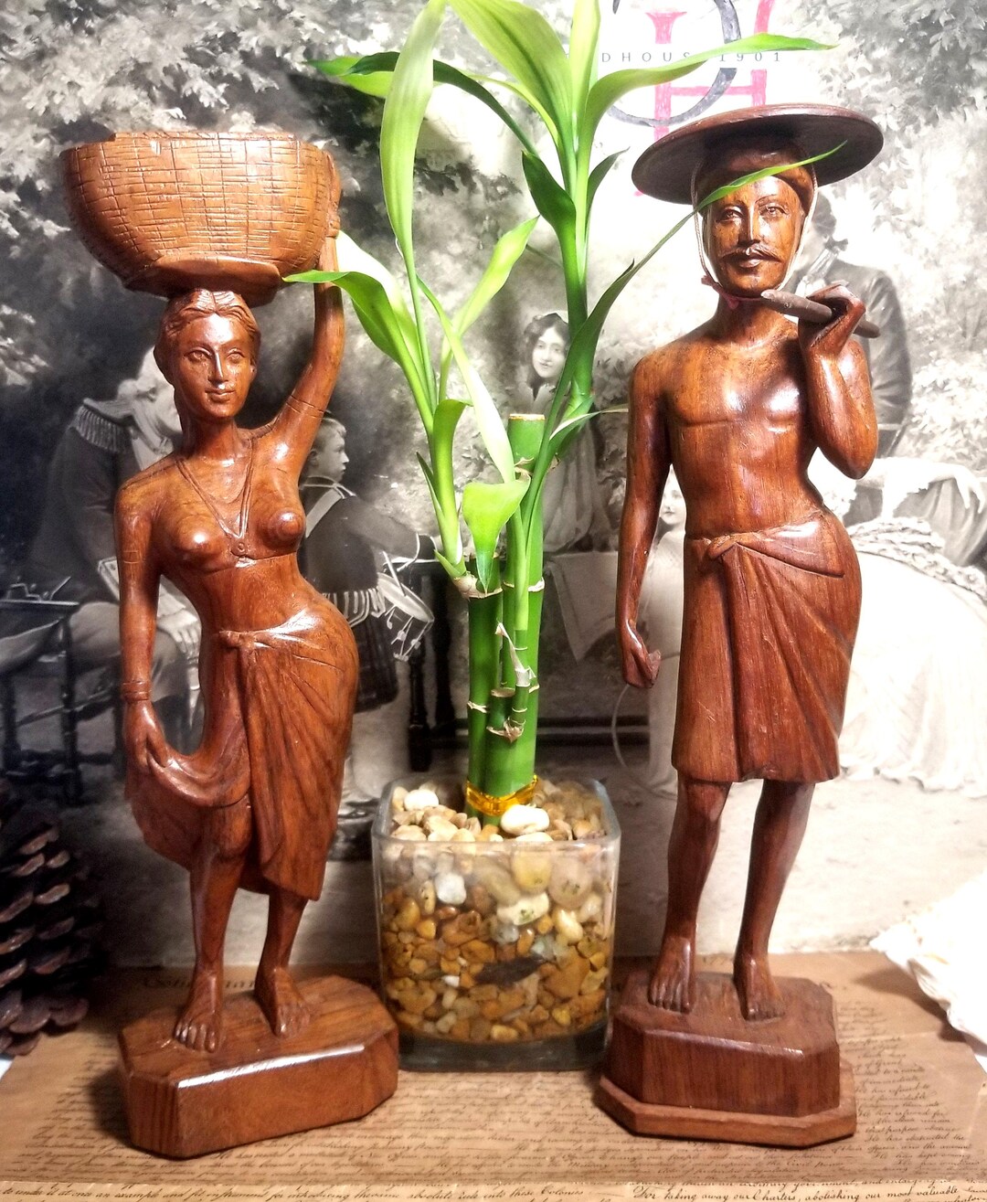 Vintage Hand Carved Wooden Statues Asian Peasant Figures of Man and ...
