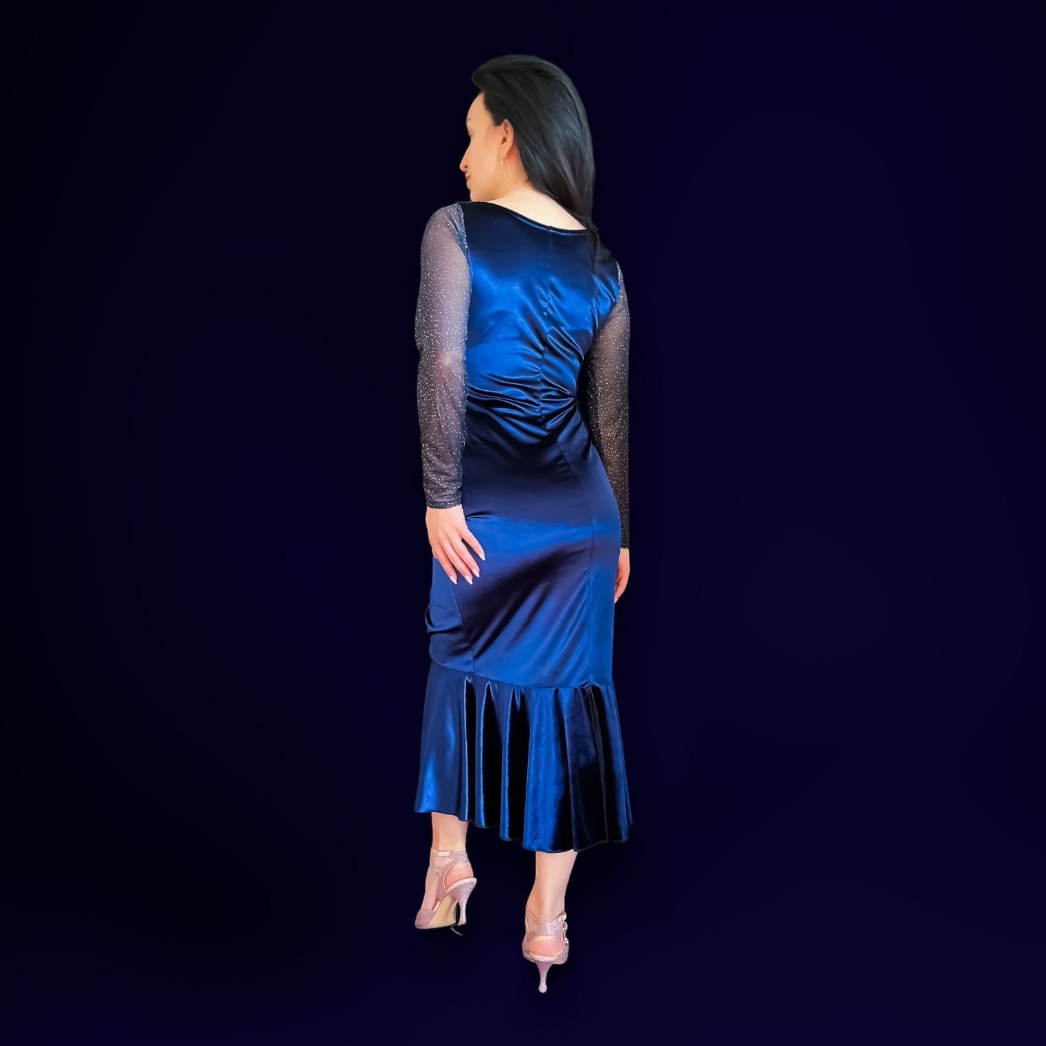 Blue Velvet Tango Dress With a Frill at the Bottom and Translucent ...