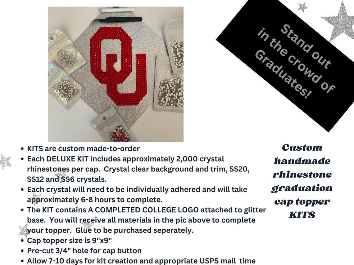 DELUXE Grad Cap Craft Kit, Bling DIY Crystal Graduation Cap Topper Kit ...