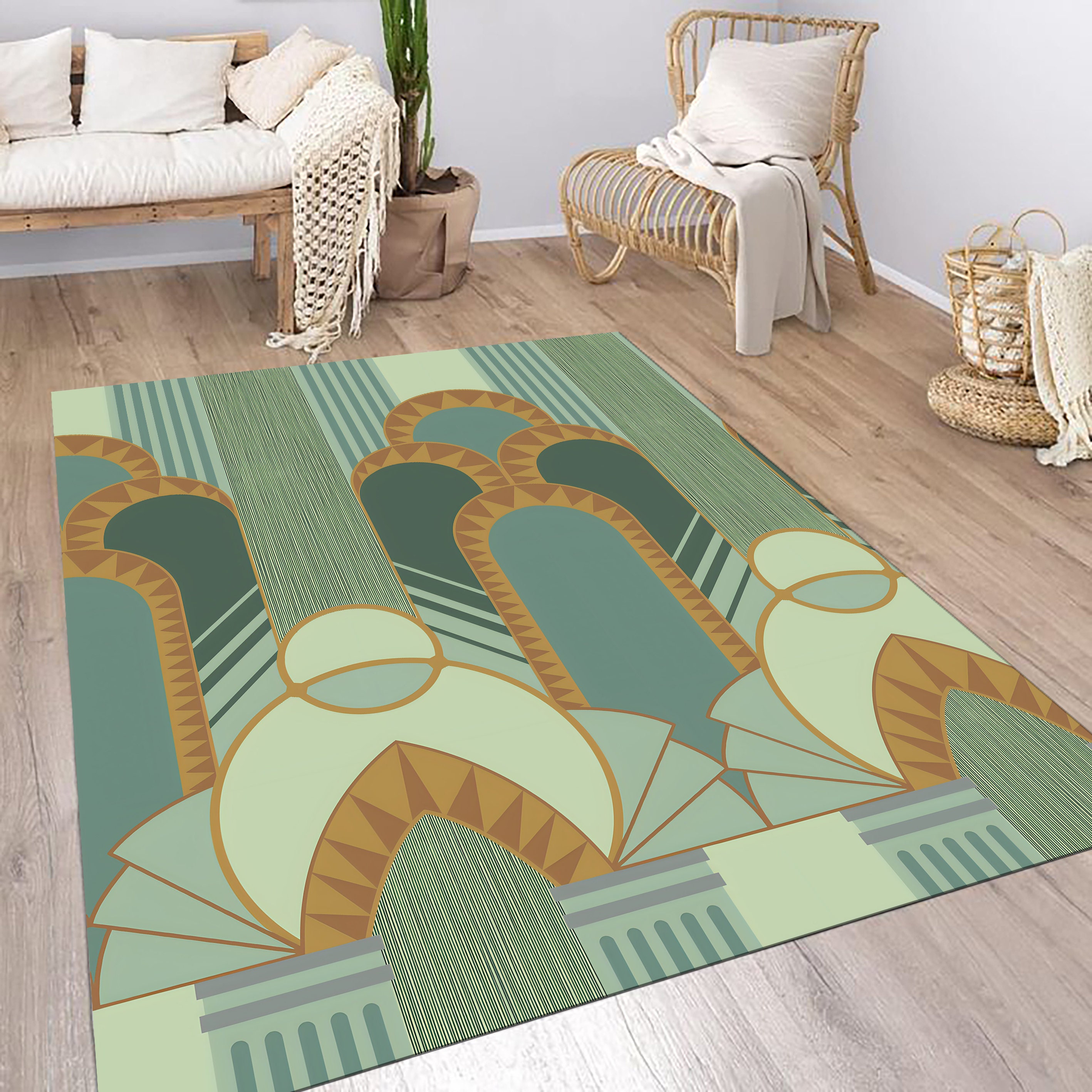 Art Deco Style Area Rug,flat Design Art Deco,golden Elements on Green ...