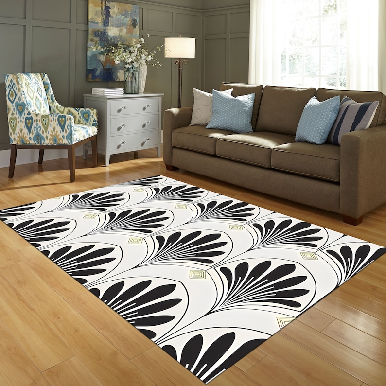 Art Deco Style Area Rug, Flat Design Art Deco, Golden Elements on White ...