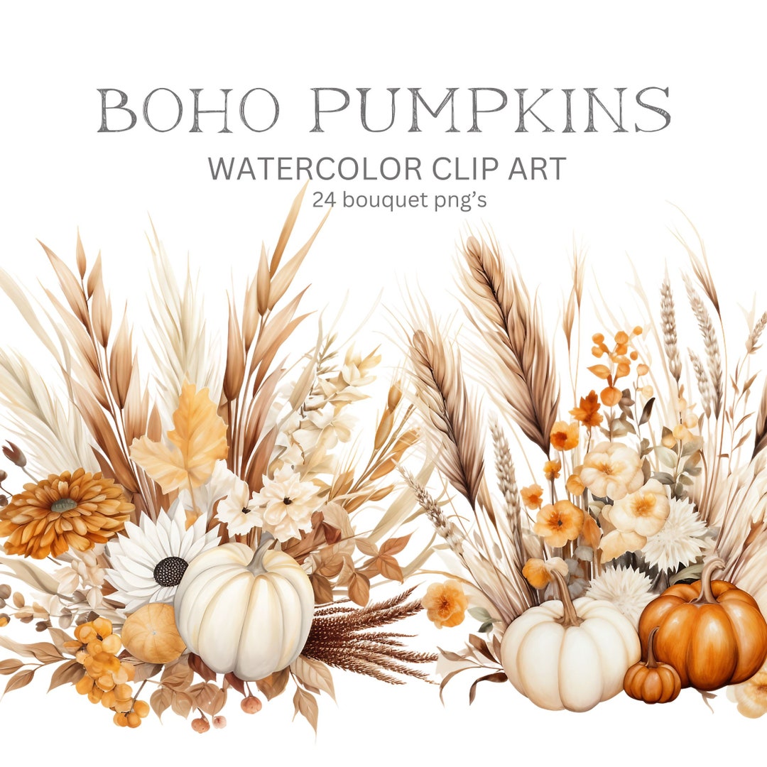 BOHO Pumpkin Floral Clipart, Halloween Watercolor Clipart, Pastel ...