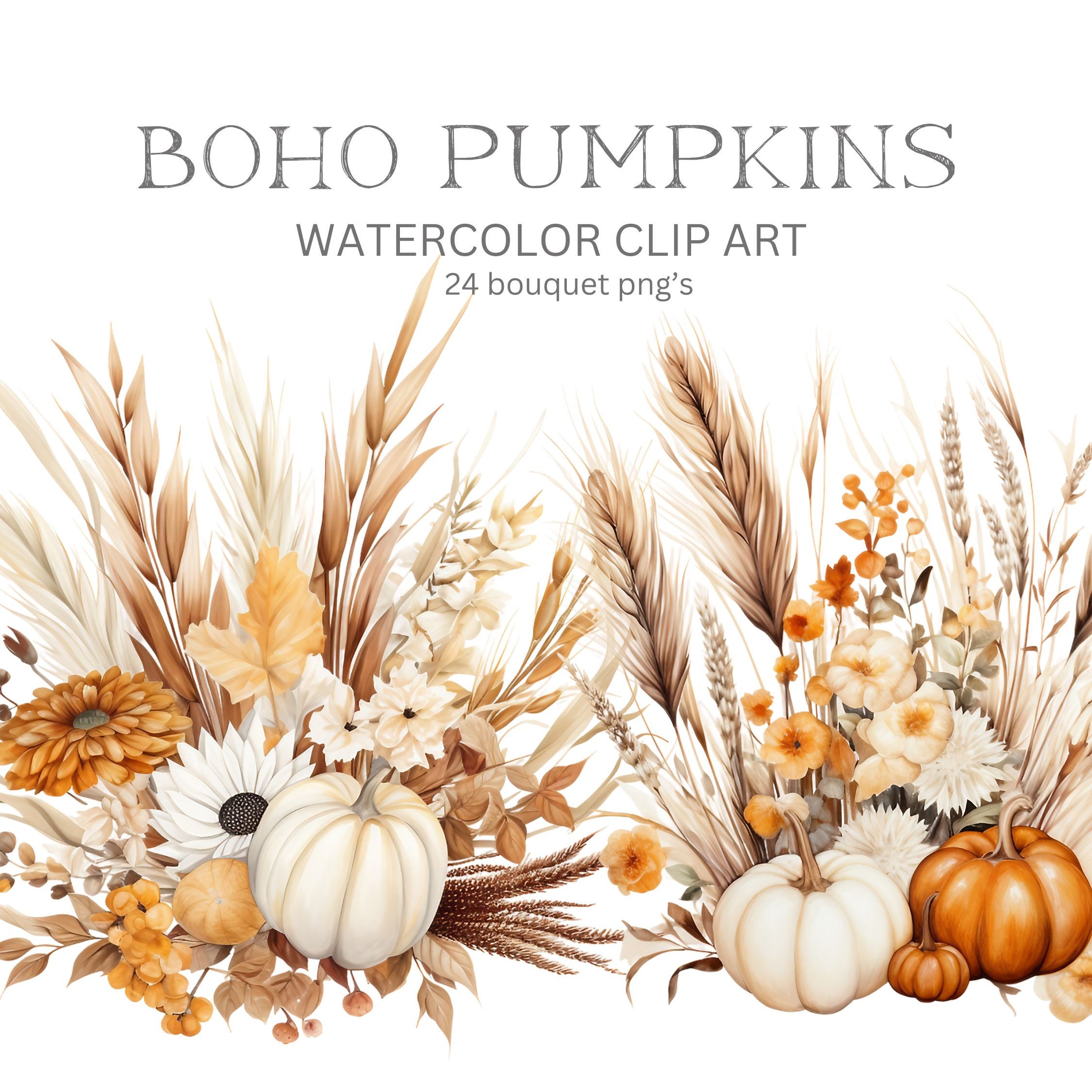 BOHO Pumpkin Floral Clipart, Halloween Watercolor Clipart, Pastel ...