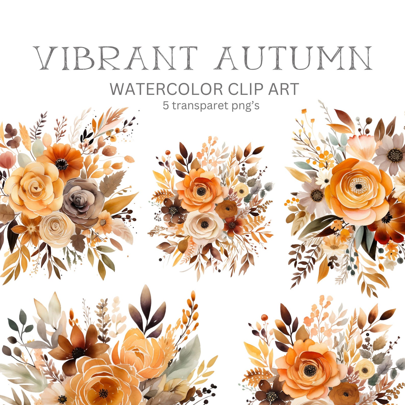 Autumn Watercolor Clipart Fall Floral Clipart Bohemian Flower Clipart ...