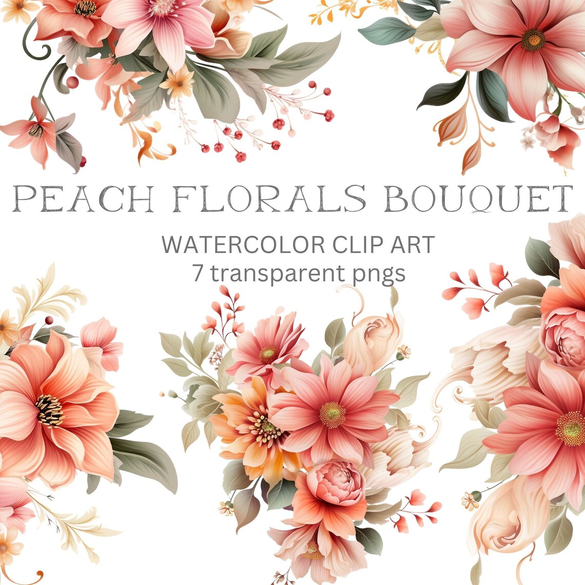 Peach Wild Floral Clipart, Watercolor Wild Flowers, Pink Floral Clipart ...