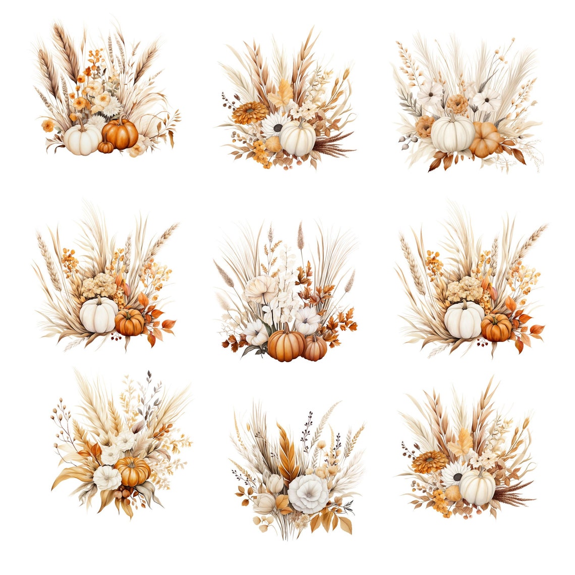 BOHO Pumpkin Floral Clipart, Halloween Watercolor Clipart, Pastel ...