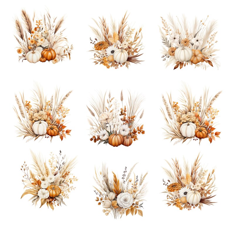 BOHO Pumpkin Floral Clipart, Halloween Watercolor Clipart, Pastel ...