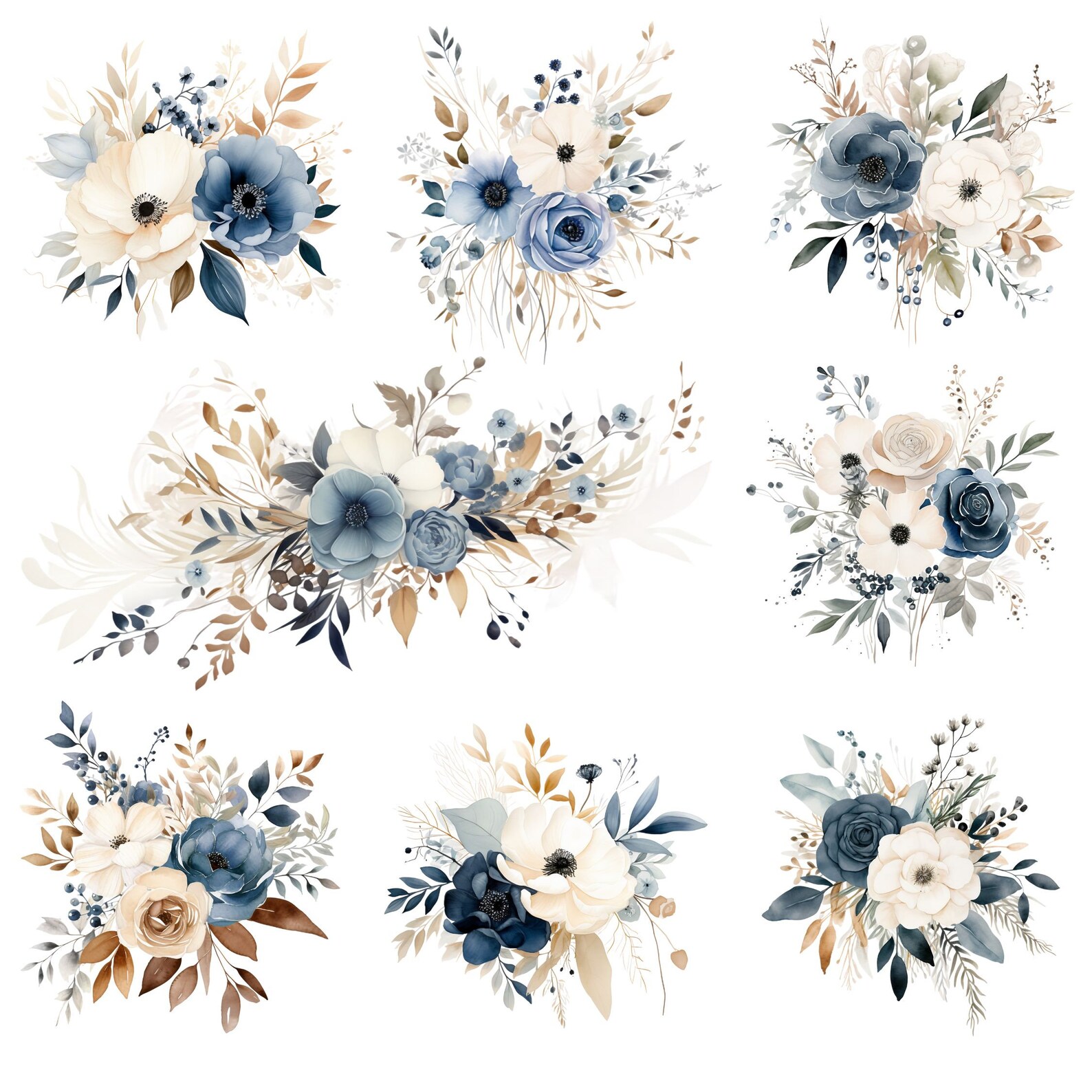 Blue Floral Clip Art, Boho Floral Clipart, Floral Clip Art PNG, Wedding ...