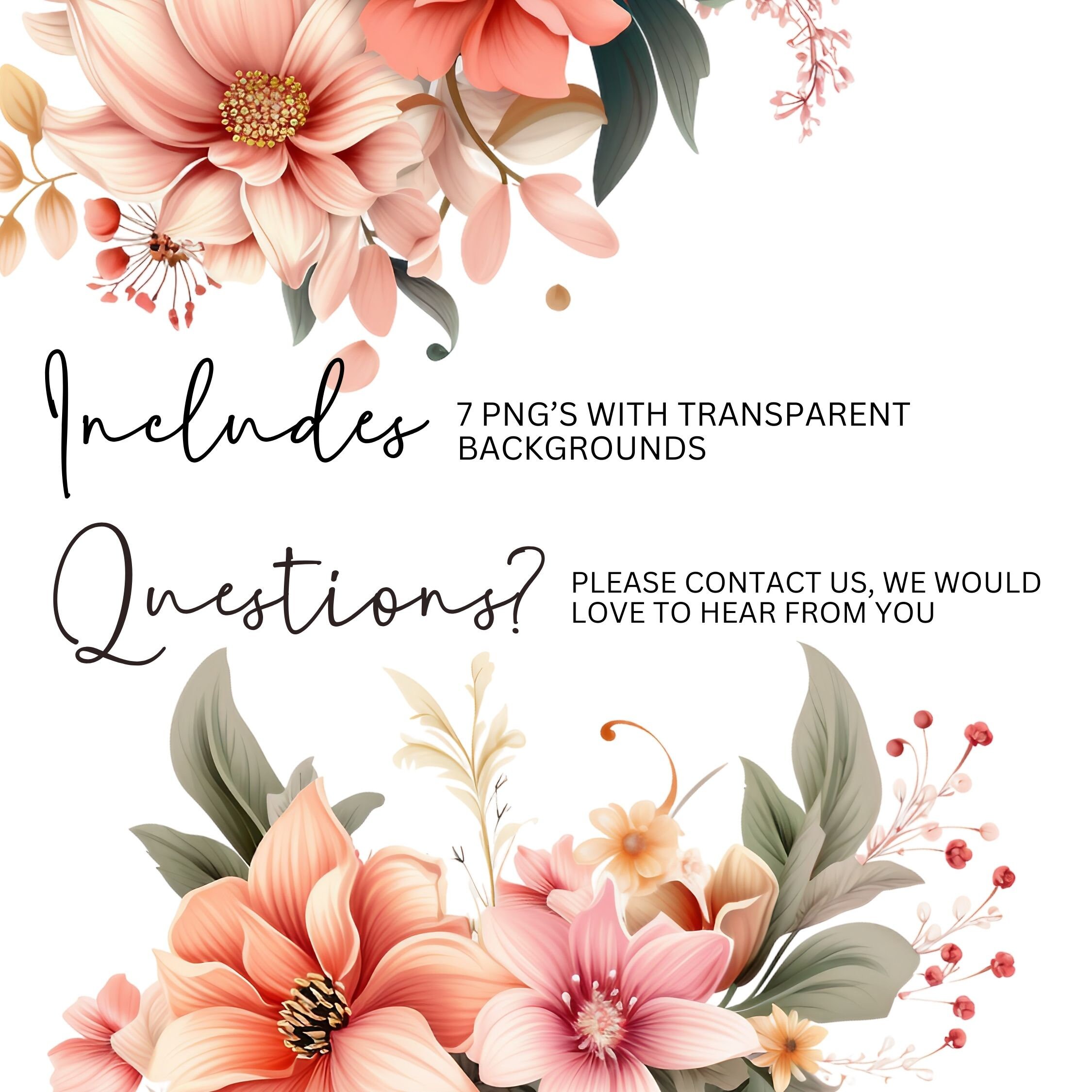 Peach Wild Floral Clipart, Watercolor Wild Flowers, Pink Floral Clipart ...