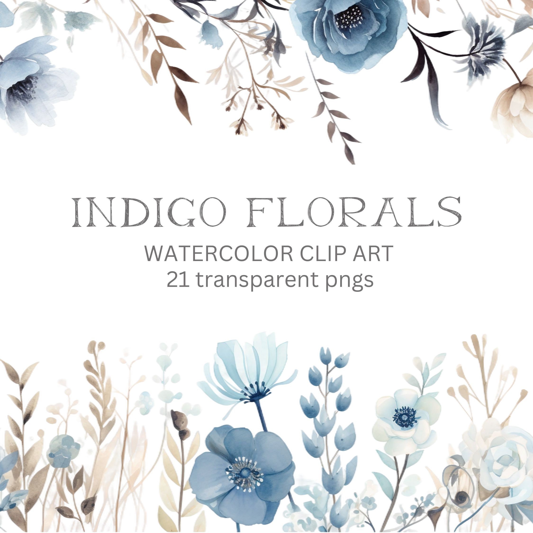 Blue Floral Clip Art, Boho Floral Clipart, Floral Clip Art PNG, Wedding ...