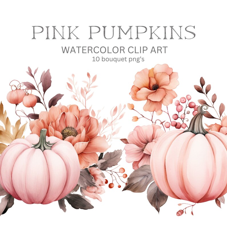 Pink Pumpkin Floral Clipart, Halloween Watercolor Clipart, Pastel ...
