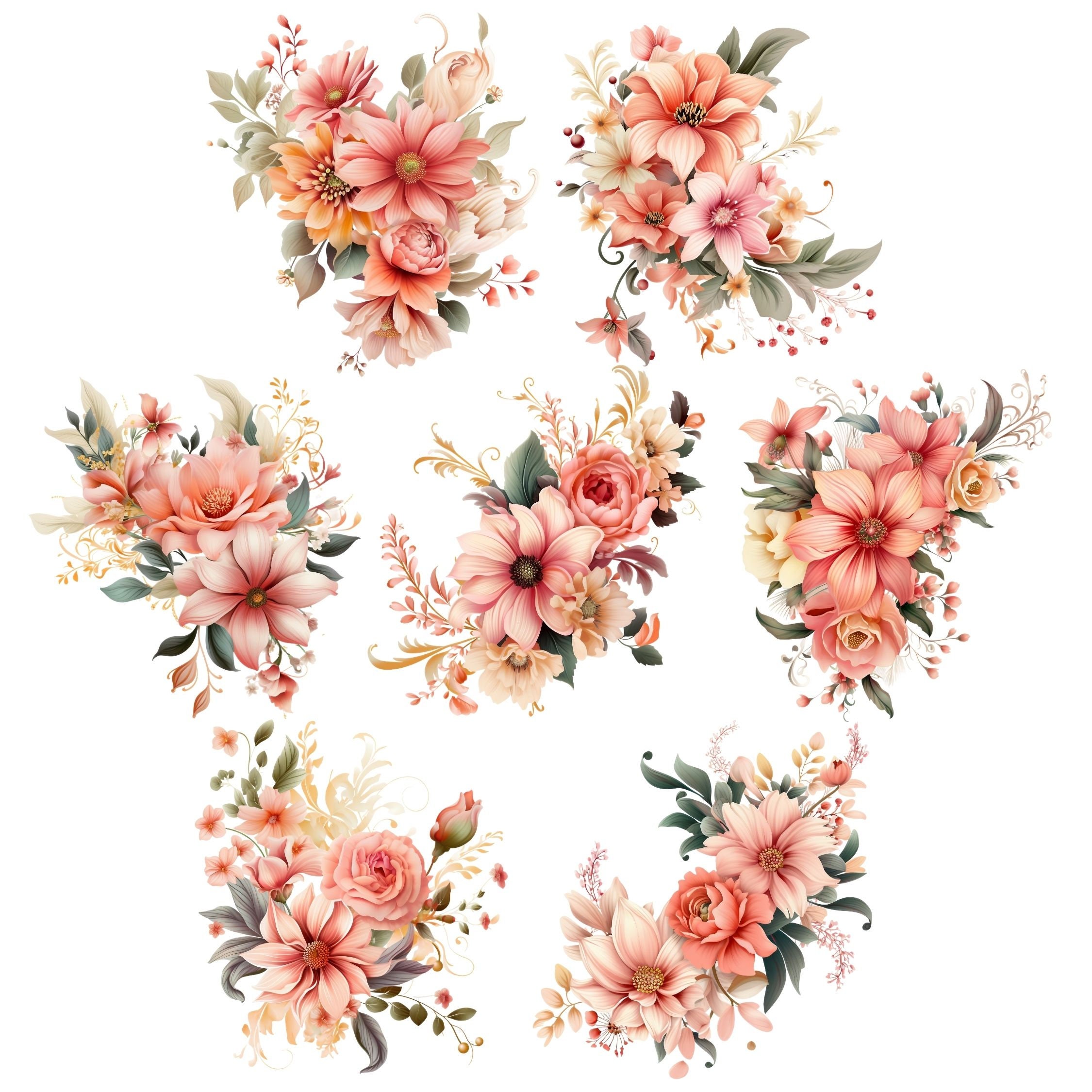 Peach Wild Floral Clipart, Watercolor Wild Flowers, Pink Floral Clipart ...