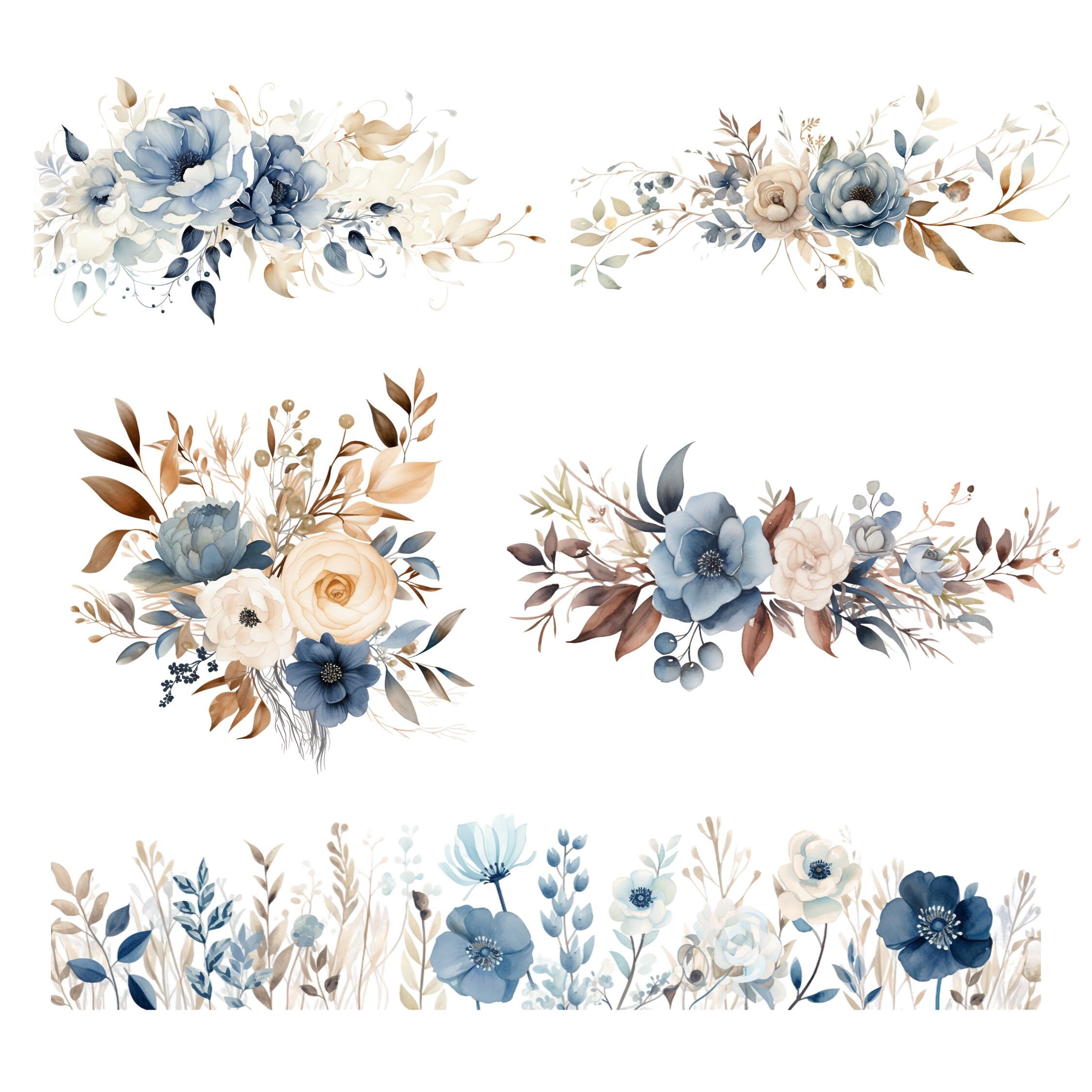 Blue Floral Clip Art, Boho Floral Clipart, Floral Clip Art PNG, Wedding ...