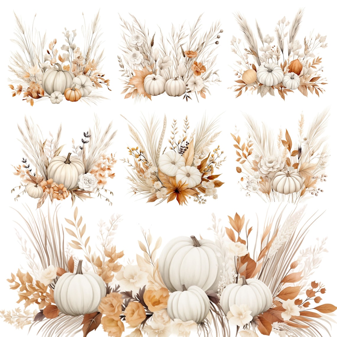 BOHO Pumpkin Floral Clipart, Halloween Watercolor Clipart, Pastel ...