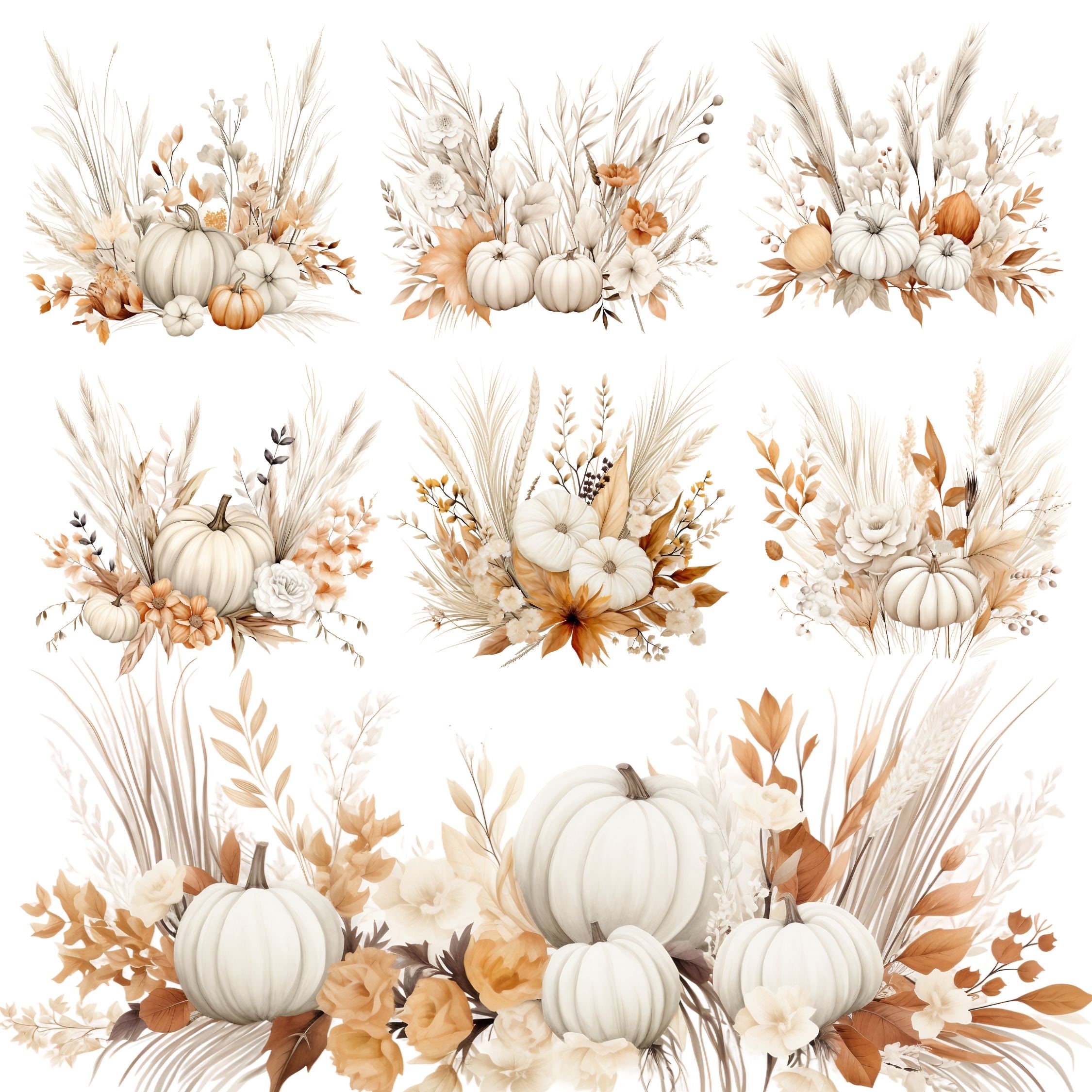 BOHO Pumpkin Floral Clipart, Halloween Watercolor Clipart, Pastel ...