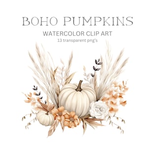 BOHO Pumpkin Floral Clipart, Halloween Watercolor Clipart, Pastel ...