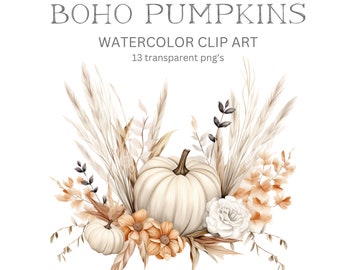 BOHO Pumpkin Floral Clipart, Halloween Watercolor Clipart, Pastel ...