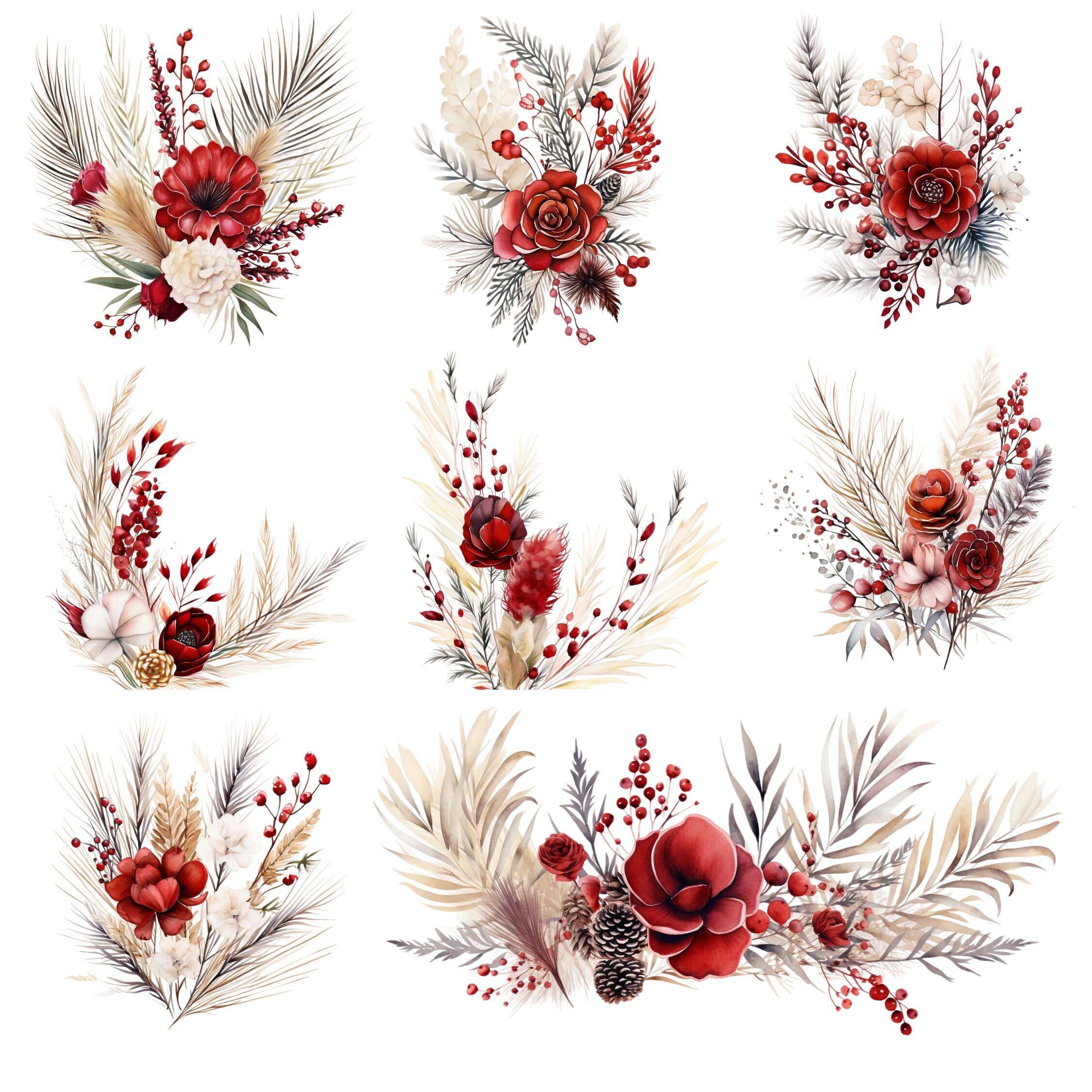 Vintage Christmas Floral Clipart, Boho Christmas Tiny Floral Clipart ...
