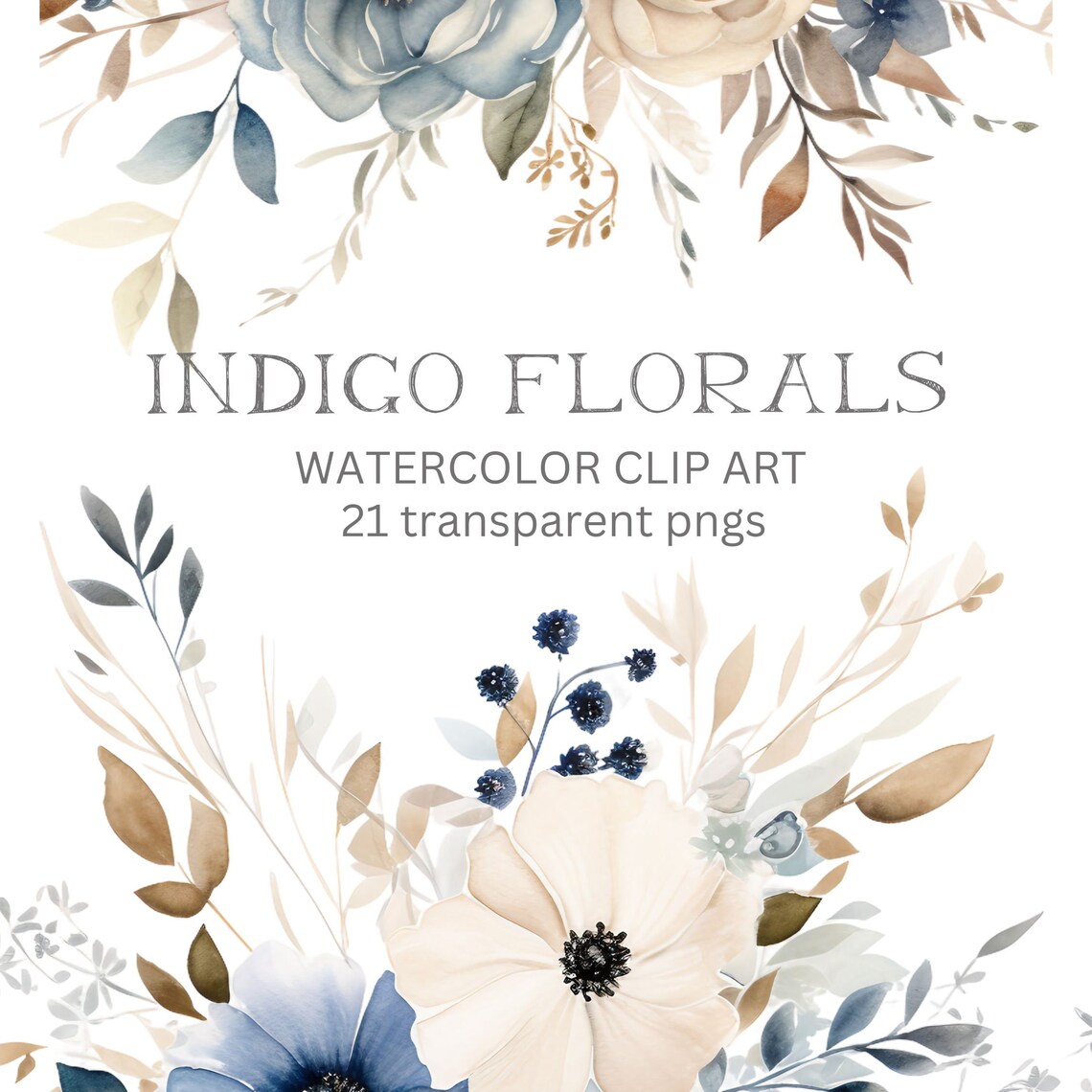 Blue Floral Clip Art, Boho Floral Clipart, Floral Clip Art PNG, Wedding ...