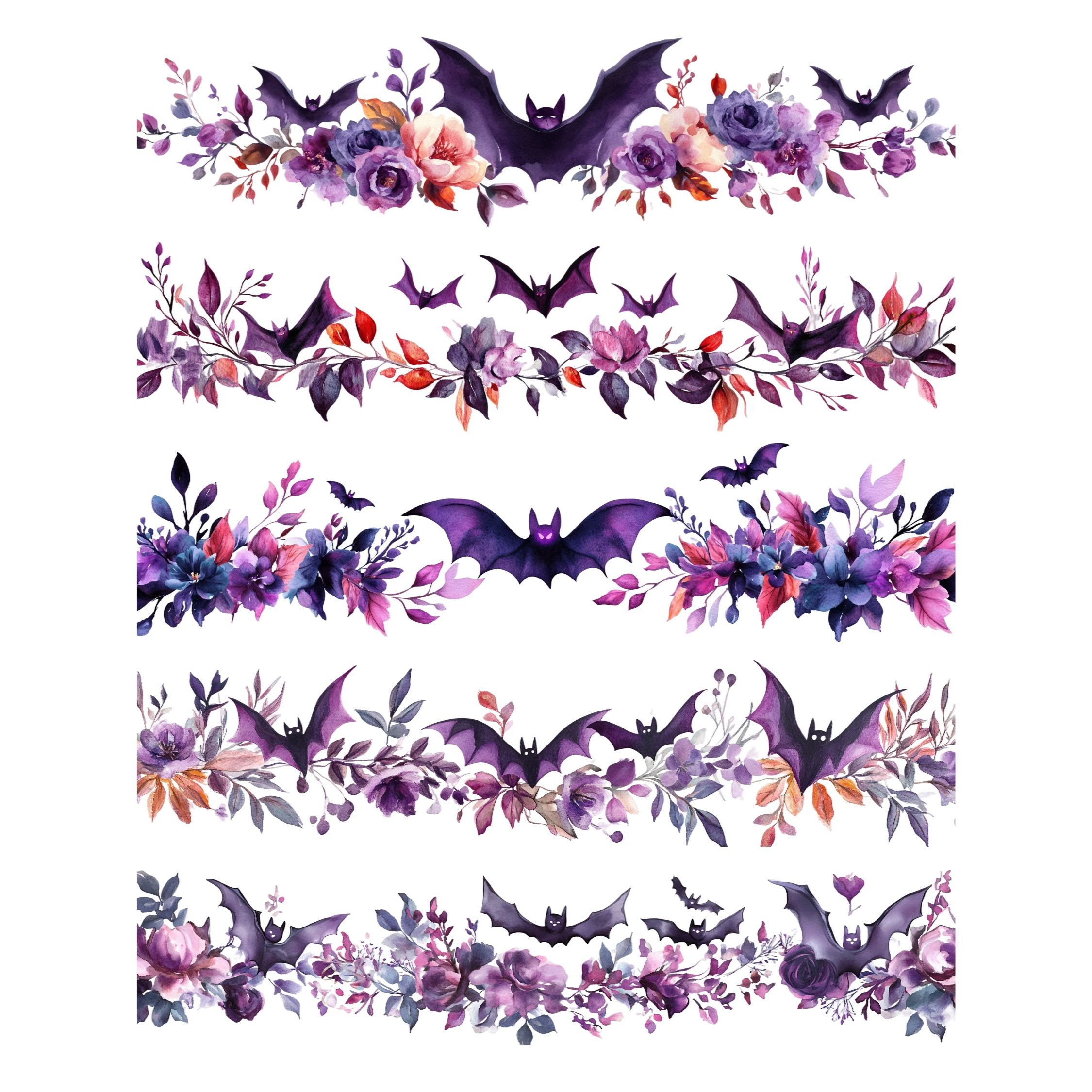 Purple Bat Halloween Watercolor Clipart, Spooky Halloween Border Floral ...