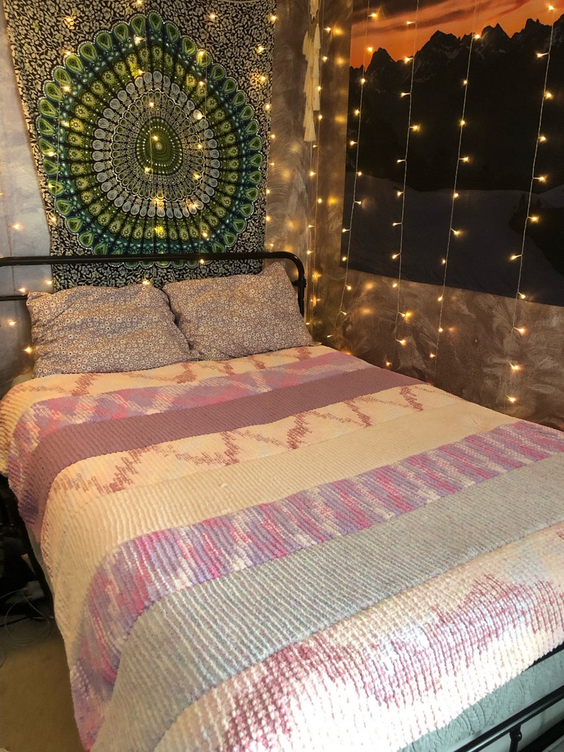Large Handmade Knitted Quilt/blanket; Soft and Warm, Heavy; Pink and ...