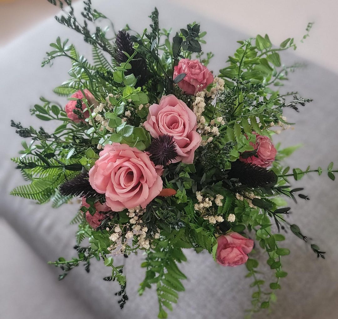 Dusky Pink Rose & Thistle Bouquet: Artificial Wedding Flowers - Etsy